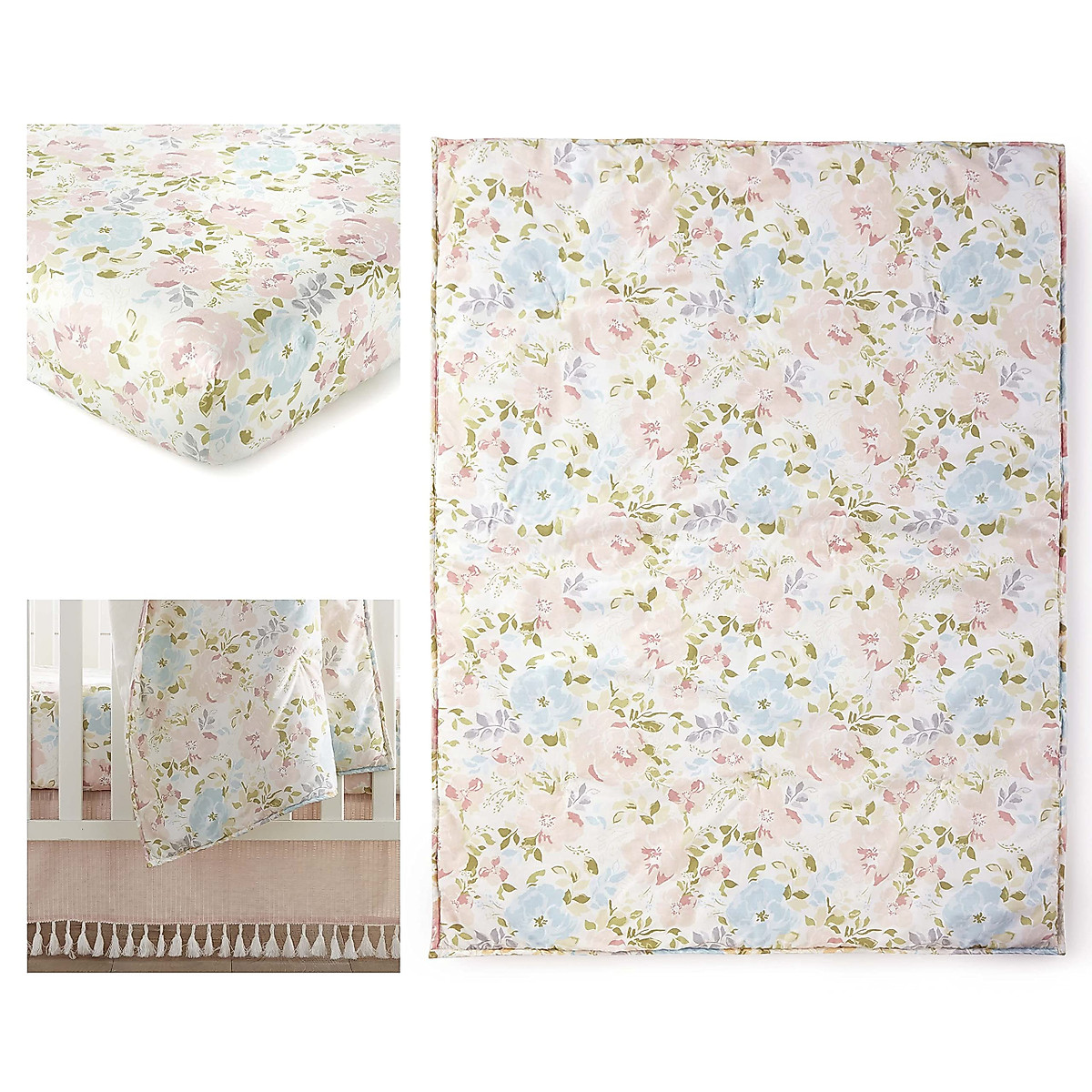 Levtex Baby Nest & Nod Amelia 3pc Bedding Set, Cotton, Pink, (Quilt, Dust Ruffle, Crib Fitted Sheet)