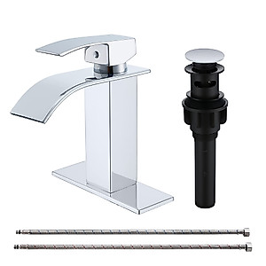 PHICHI Chrome Bathroom Faucet Waterfall Single Handle 1 or 3 Hole Faucet, Commercial Modern Lavatory Tap with Pop-up Drain and Deck Plate