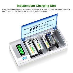 EBL 906 Smart Charger for AA AAA C D 9V Rechargeable Batteries with 4 Pieces 5000mAh C Rechargeable Batteries