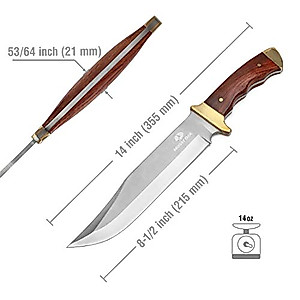Mossy Oak 14-inch Bowie Knife, Full-tang Fixed Blade, Wood Handle Hunting Knife with Leather Sheath for Camping, Hiking, Survival