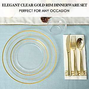 FOCUSLINE 350 Clear Gold Dinnerware Set for 50 Guests, Clear Plastic Plates with Gold Rim Disposable Heavy Duty, Including 50 Dinner Plates, 50 Dessert Plates, 50 Napkins, 50 Cups, 50 Silverware Set