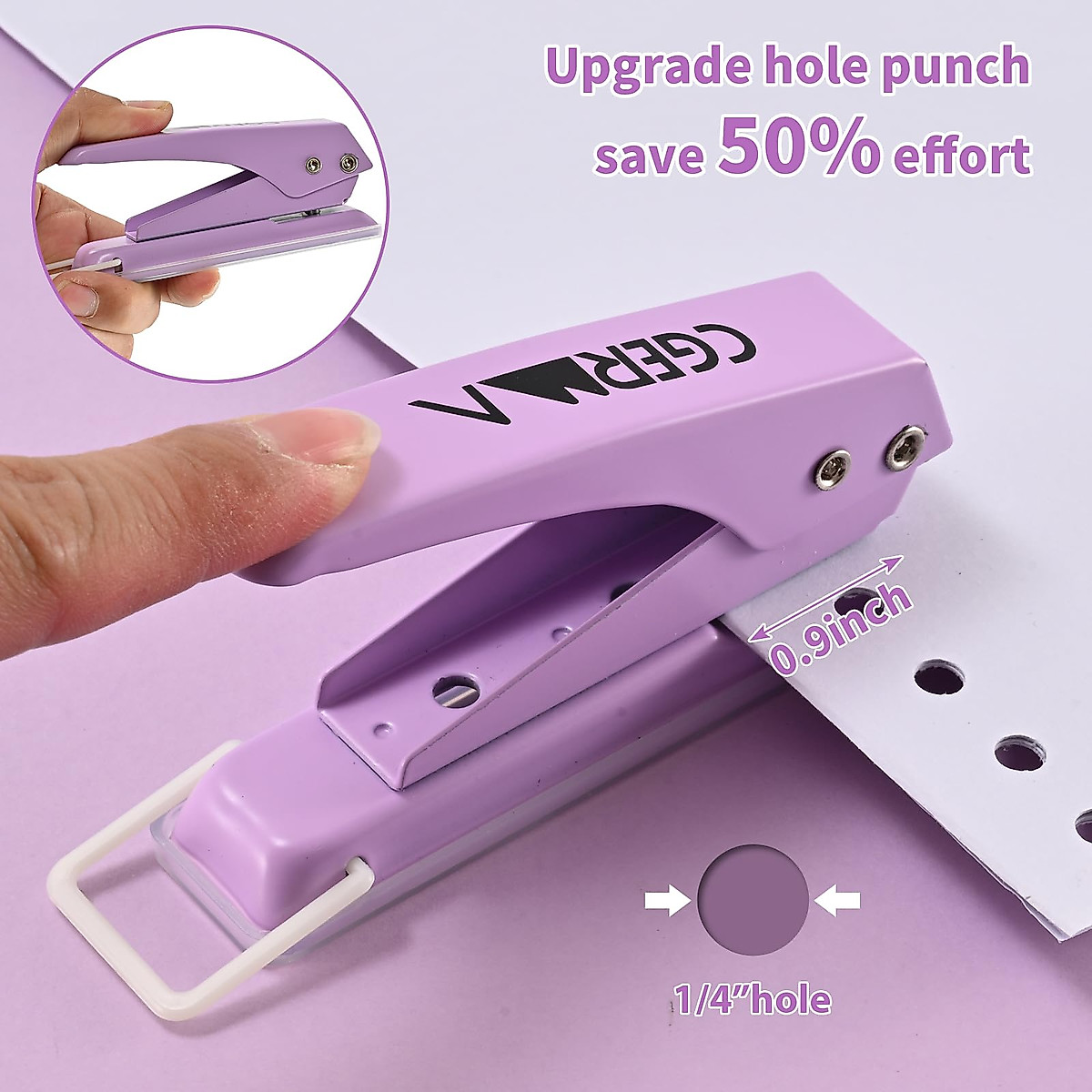 Single Hole Puncher,1/4" Hole Punch,50% Labor Savings, Heavy Duty Hole Puncher, Paper Punch, 15 Sheet Capacity, Metal Hole Puncher for ID Card, Chipboard, Art Project,Purple