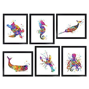 Dignovel Studios Unframed (Set of 6) 8X10 Ocean life Wall Art Print Watercolor Sea Turtle Sea Horse Whale Lobster Octopus Print Set kids Room Decor dnc7