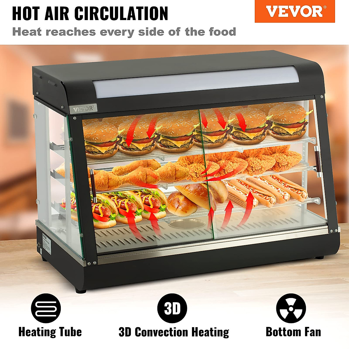 VEVOR Commercial Food Warmer Display, 3 Tiers, 1800W Pizza Warmer w/ 3D Heating 3-Color Lighting Bottom Fan, Countertop Pastry Warmer w/Temp Knob Display 0.6L Water Tray, Stainless Frame Glass Doors…