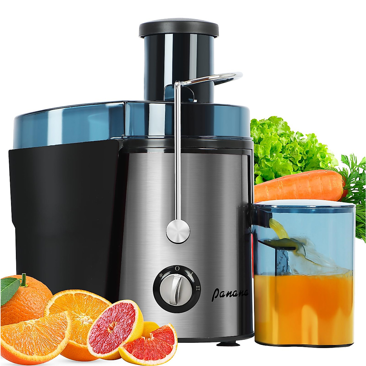 Panana Centrifugal Juicer Extractor with Wide Mouth 3” Feed Chute for Fruit Vegetable, Easy to Clean, Stainless Steel, BPA-free (Silver)