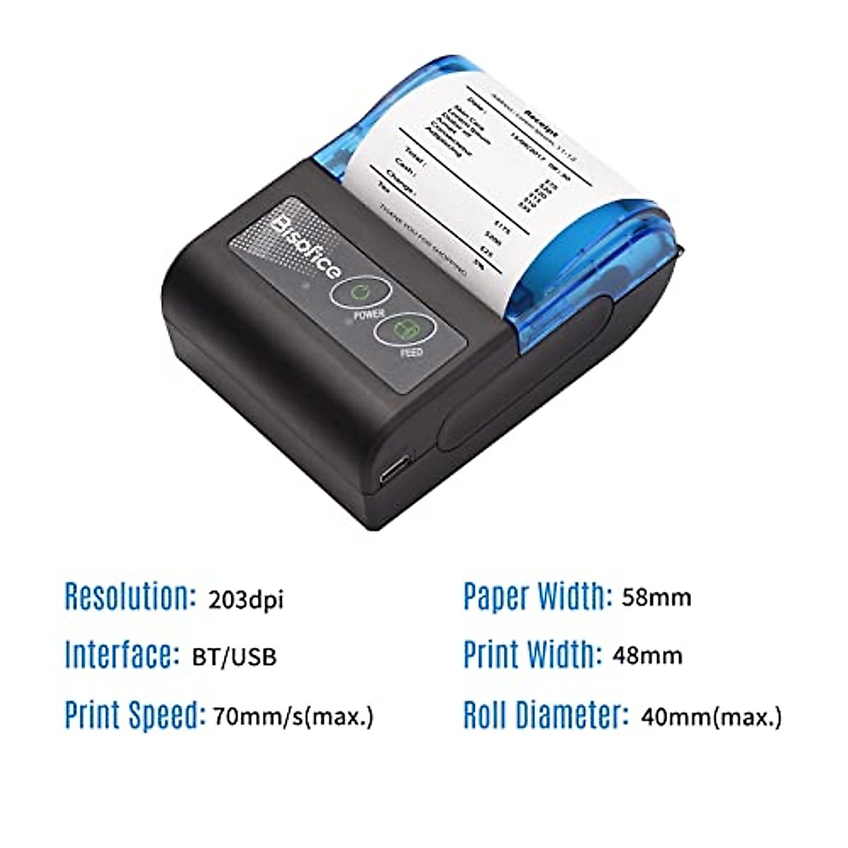BISOFICE 58mm Bluetooth Receipt Printer, Mini Thermal Printer 2 inch Wireless USB Receipt Bill Ticket Printer with Print Paper, Compatible with iOS Android Windows