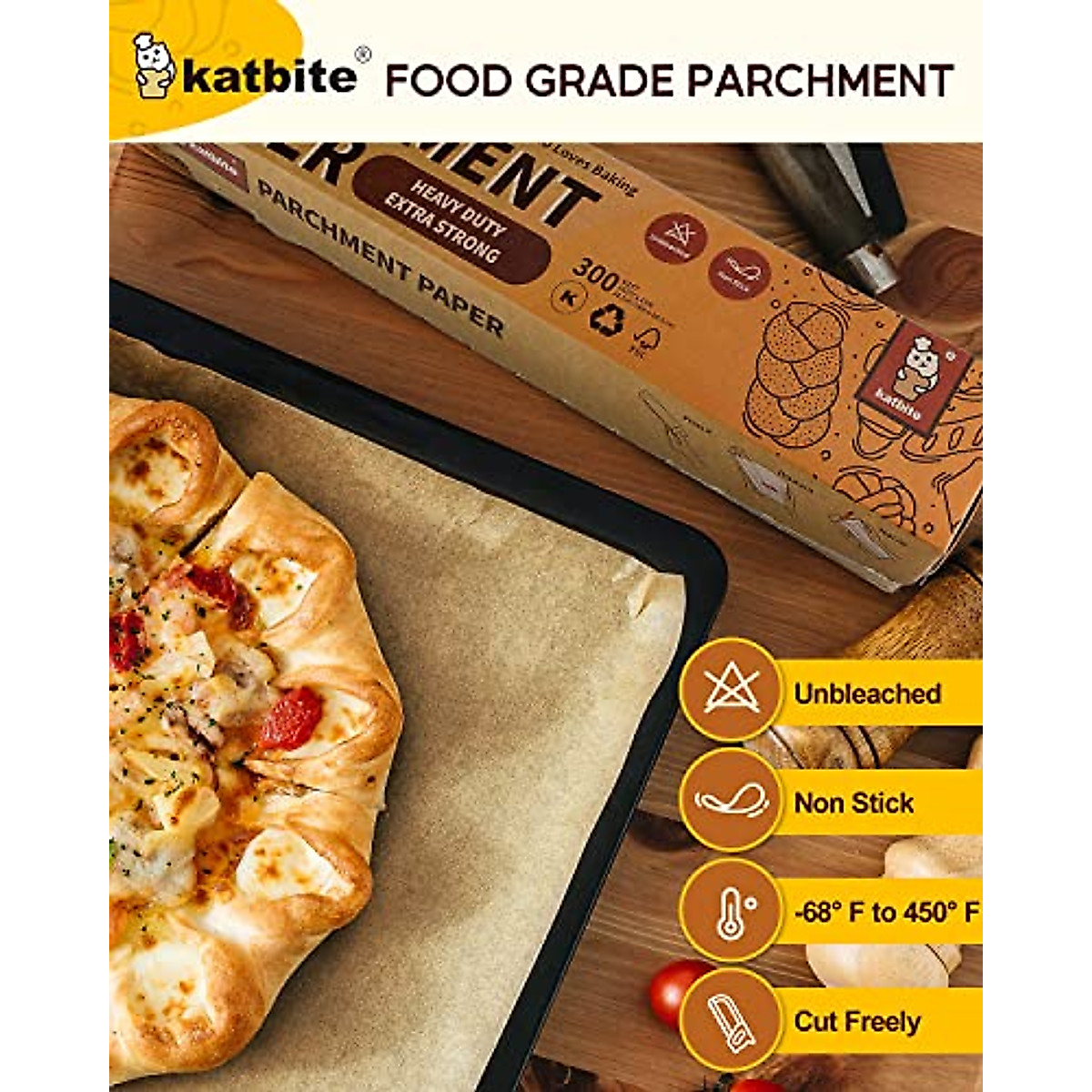Katbite 15in x 242ft, 300 Sq.Ft Unbleached Parchment Paper Roll for Baking, Parchment Baking Paper with Serrated Cutter, Non-stick Longer Parchment Roll for Cooking, Air Fryer, Steaming, Bread