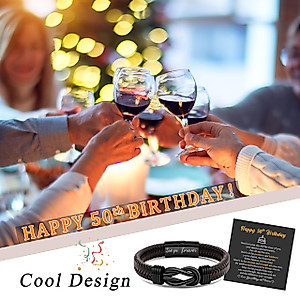 Happy Birthday Cool Gifts for Mens Brown Leather Braided Bracelets for Dad Grandpa Brother Birthday Decorations Gifts for Him Stainless Steel Clasp Man Jewelry 7.5 Inches