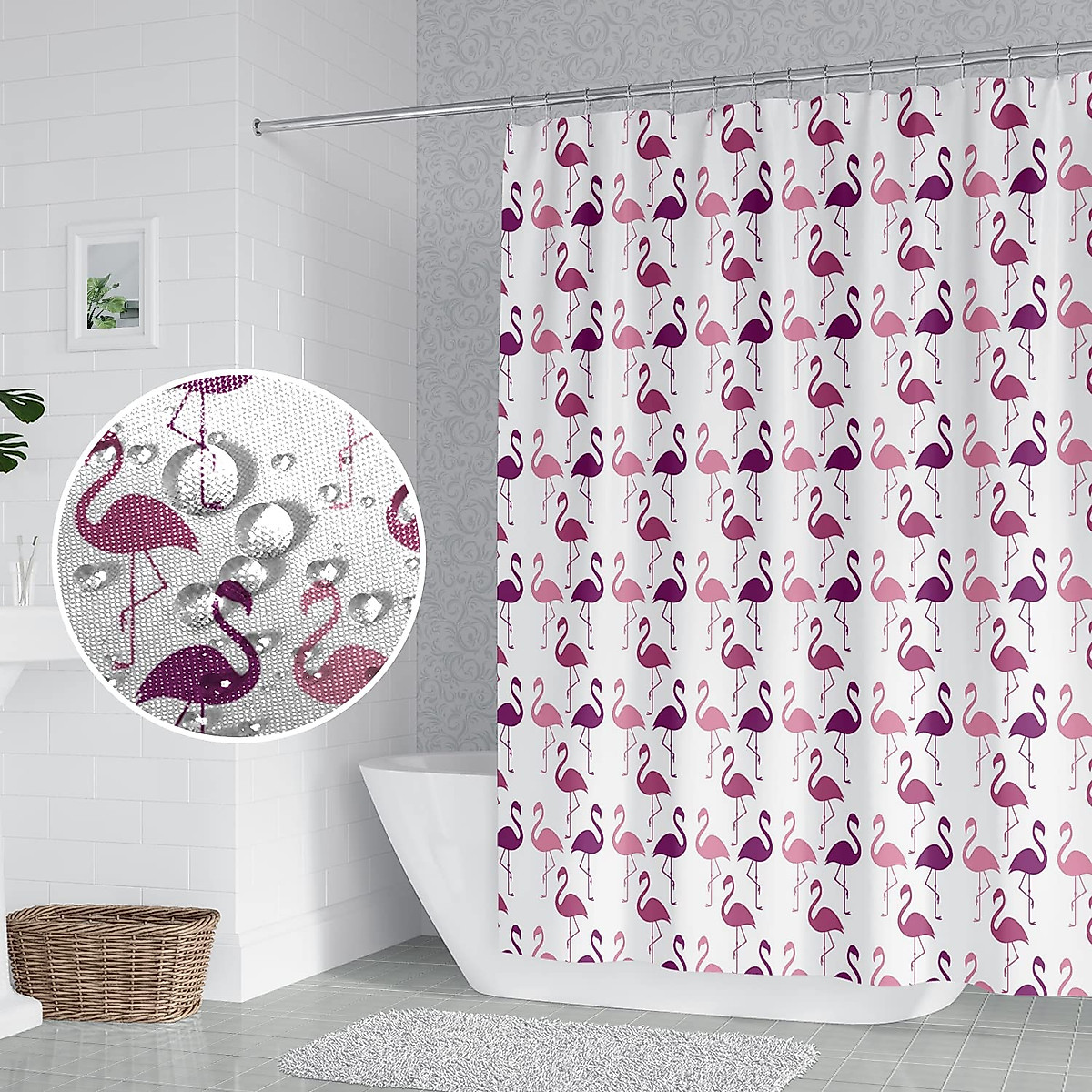 Umpoo Flamingo Checkered Bathroom Shower Curtain Tropical Pink Purple Flamingos Pattern Shower Curtain with Hooks Waterproof Fabric Polyester Shower Curtain for Girly Bath Decorative, 72x72 Inch