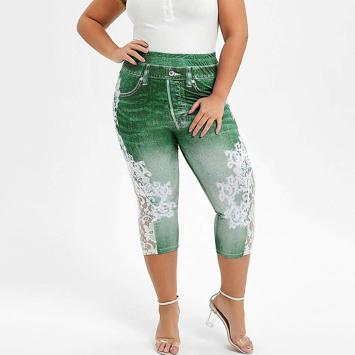 Womens Capri Yoga Pants High Waisted Tummy Control Plus Size Floral Graphic Tie Dye Athletic Leggings Green