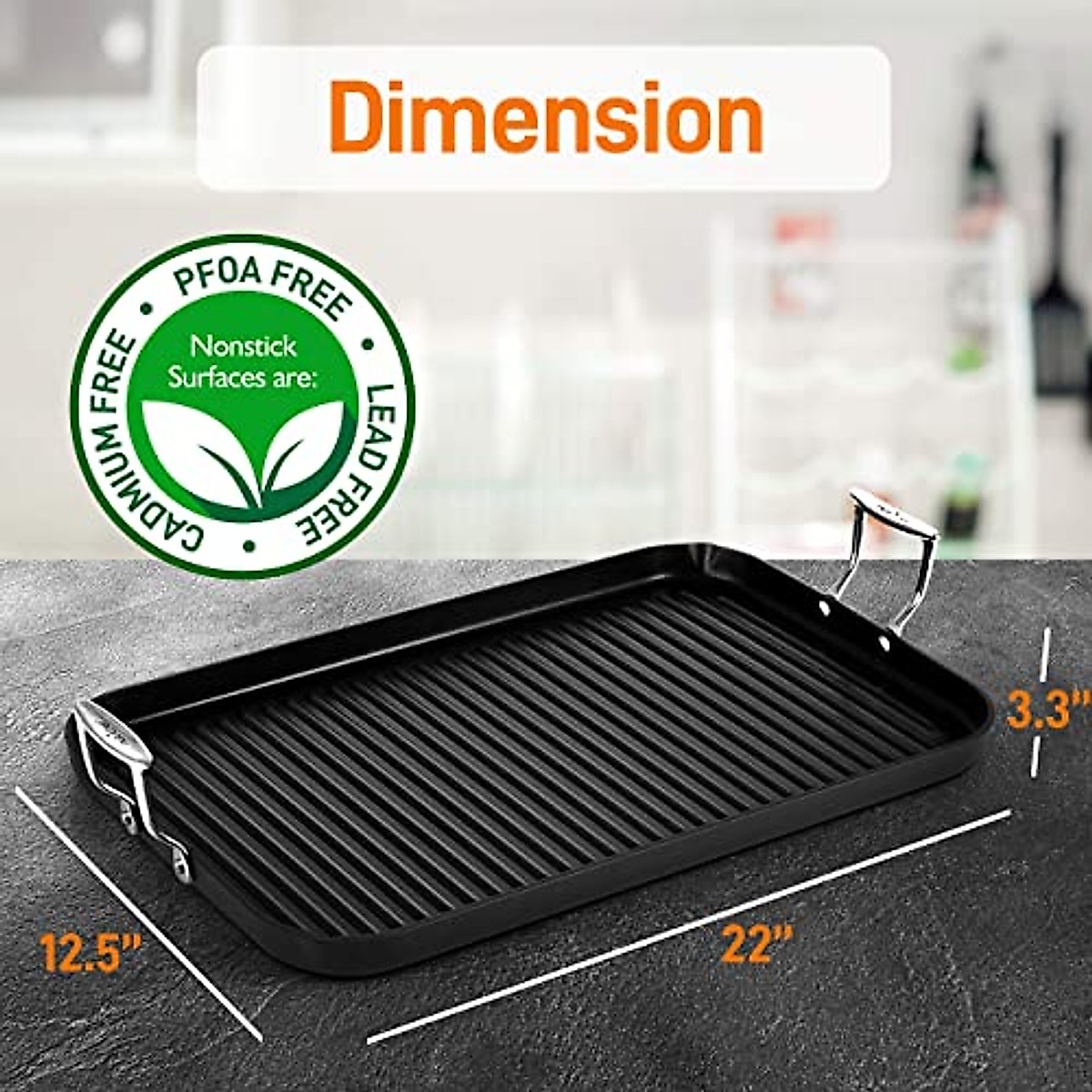 NutriChef Nonstick Stove Top Grill Pan - PTFE/PFOA/PFOS Free Need two Burners 20" x 13" Hard-Anodized Non stick Grill & Griddle Pan - Kitchen Cookware, Dishwasher Safe NCGRP59