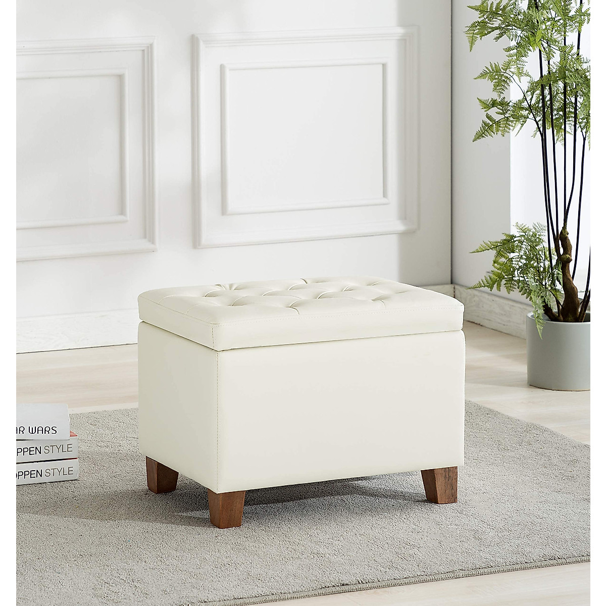 Wovenbyrd Classic 24-Inch Wide Rectangular Tufted Storage Ottoman Footstool with Hinged Lid, Cream Faux Leather