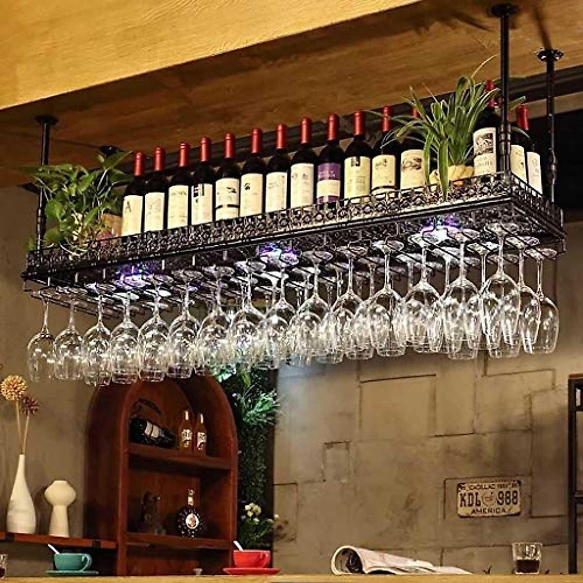 Ceiling Iron Wine Rack, Adjustable Height, Ceiling Mounted Hanging Wine Bottle Holder, Upside Down Champagne Glass Rack, Stemware Goblet Rack, Bar Home Decor