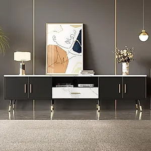 Merax Modern TV Stand for 80 Inch TV, 70 Inch Black & White TV Stand with Storage Cabinets, Drawer, and Open Space, Universal Entertainment Center Media Console for Living Room, Bedroom, Office