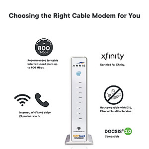 ARRIS SURFboard SVG2482AC DOCSIS 3.0 Cable Modem & AC2350 Wi-Fi Router , Comcast Xfinity Internet & Voice , Four 1 Gbps Ports , 2 Telephony Ports for Digital Voice , Up to 800 Mbps