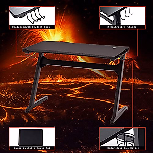 Tangkula Gaming Desk, Z Shaped Ergonomic Gaming Computer Desk, E-Sports Game Desk with Cup & Headphone Holder and Mouse Pad, Gamer Workstation, Carbon Fiber Surface and Z-Shape Steel Frame (Black)