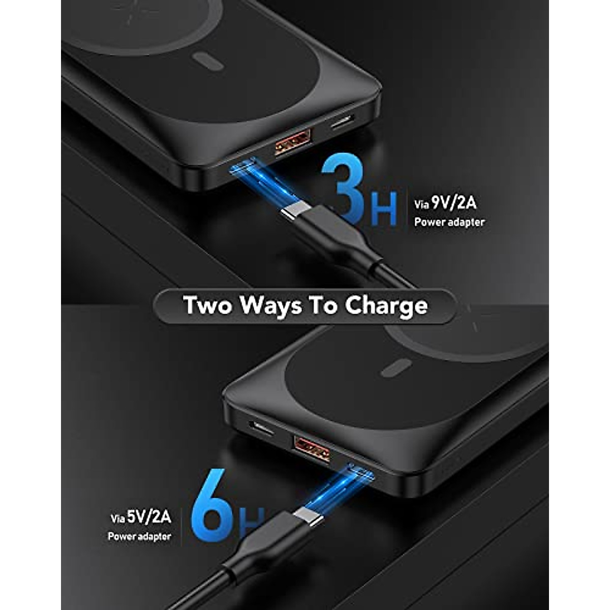 VRURC Magnetic Power Bank, 10000mAh Wireless Portable Charger iPhone, Max 22.5W Fast Charging, USB-C & USB Outputs,Magnetic Battery Charger for iPhone 14/13/12 Series, with Finger Holder - Black