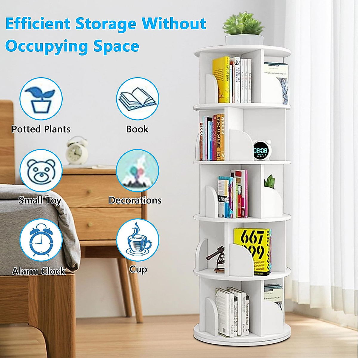 Rotating Bookshelf Tower, 360 Display 5 Tier Floor Standing Bookcase Storage Rack for Kids&Adults, Corner Bookshelf for Small Space, Book Shelf Rotating Bookcase for Bedroom, Living Room, Study