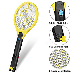 Flexzion Electric Mosquito Zapper Racket 17" Electric Rechargeable Bug Swatter USB Charging, for Bedroom Patio Bites Yard Boat Camping Car Decks Indoor Outdoor - Yellow