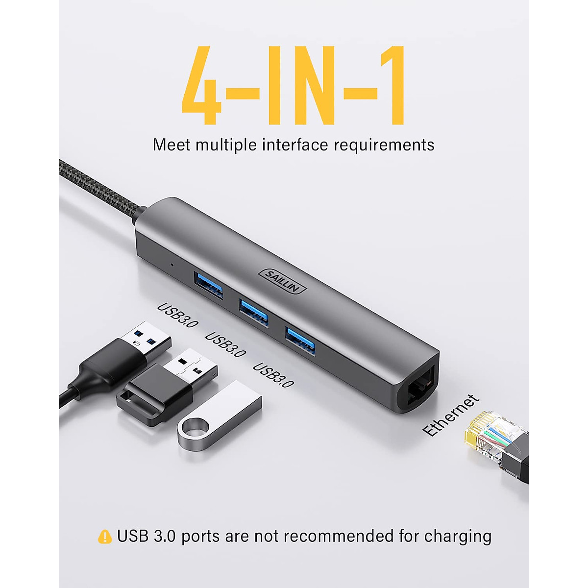 USB C to Ethernet Adapter, SAILLIN USB C Hub with RJ45 Gigabit and 3 USB 3.0 Ports, Thunderbolt 3 Multiport Adapter Hub 4 in 1 for MacBook Pro/Air, iPad Pro, iMac, Dell XPS, Surface Pro, Chromebook