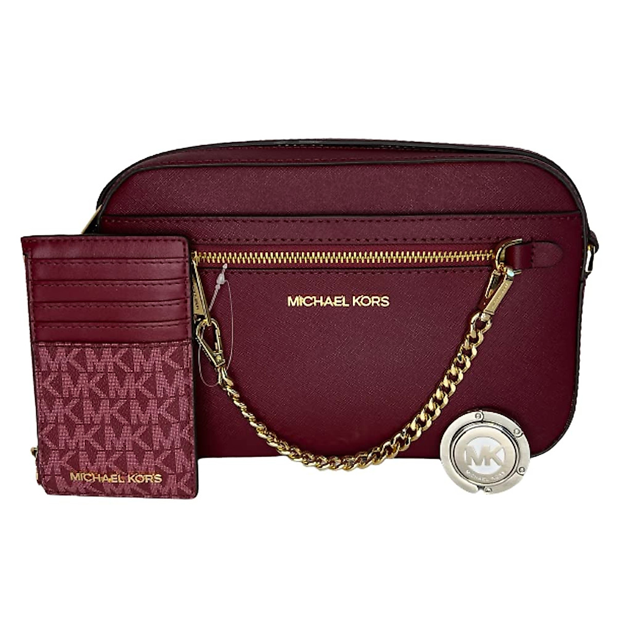 Michael Kors Jet Set Large Chain Crossbody Bag bundled with with SM TZ Coinpouch Wallet Purse Hook (Mulberry/Signature MK Mulberry