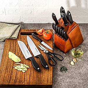 Knife Set 15-Piece Kitchen Knife Set with Sharpener Wooden Block and Serrated Steak Knives,Emojoy Germany High Carbon Stainless Steel Knife Block Set,Black
