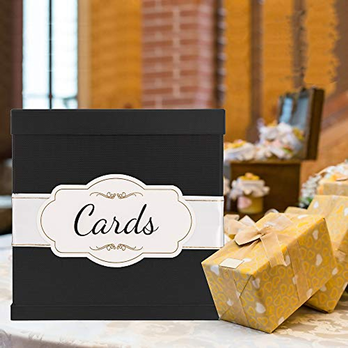 Black Gift Card Box - White & Gold Satin Ribbon & Cards Label 10"x10" Large - Memory Box for Funerals or Graduations, Box for Wedding Receptions Birthdays or Baby Showers