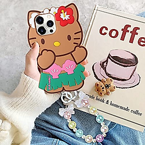 WOLLONY Cat Case 3D Cartoon for iPhone 14 Pro Max Phone Case with Bracelet Chain, Kids Girls Women Cool Fun Cute Kawaii Animal Cases Soft Silicone Funny Character Unique Protective Cover, Brown/Pink