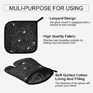 ALAZA Halloween Black and White Grunge Background with Spiderwebs Oven Mitts and Pot Holders Sets Heat Resistant Kitchen Oven Gloves Potholder for Cooking Baking Grill