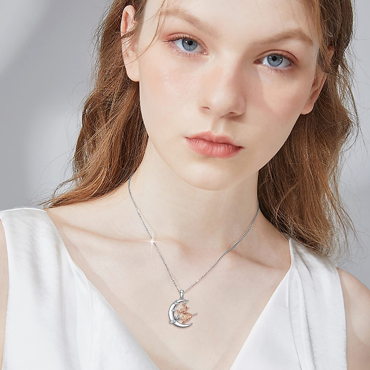 YFN Witch Necklace for Women Sterling Silver Cat Witch Hanging on Broom Witch Jewelry Gifts for Women