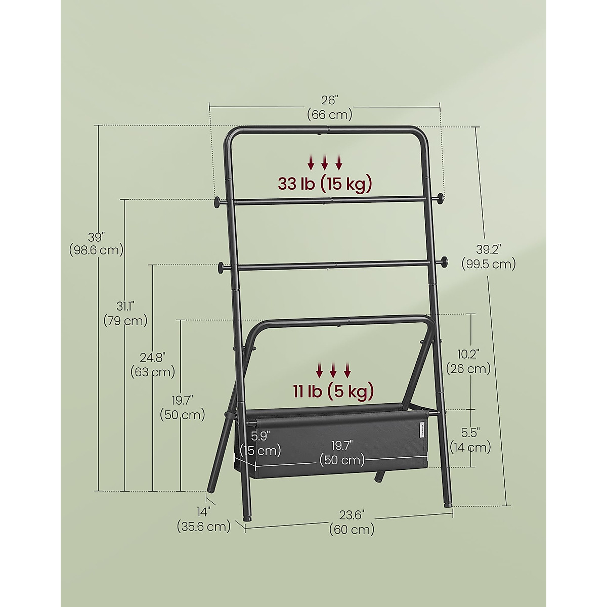 VASAGLE Freestanding Towel Rack, Foldable Blanket Holder, Towel Holder with 4 Hooks, Fabric Basket, 39 Inches High, for Bedroom, Living Room, Bathroom, Ink Black and Slate Gray ULLS020B01