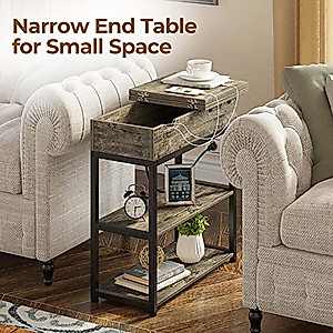 Rolanstar End Table with Charging Station, Narrow Nightstand, Flip Top Side Table with USB Ports and Storage Shelves for Small Spaces, Living Room, Bedroom, Grey