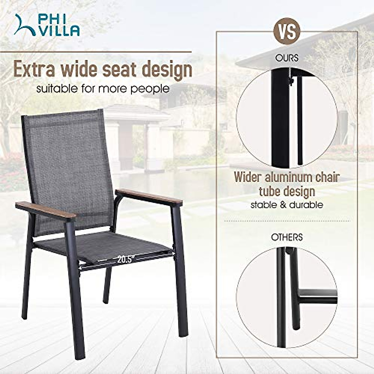 PHI VILLA Patio Stackable Dining Chairs, Lightweight Aluminum Outdoor Sling Chairs with Extra Wide Seat & Wood-Like Armrest, Stackable Space Saving Garden Lawn Chairs for All Weather, Set of 2