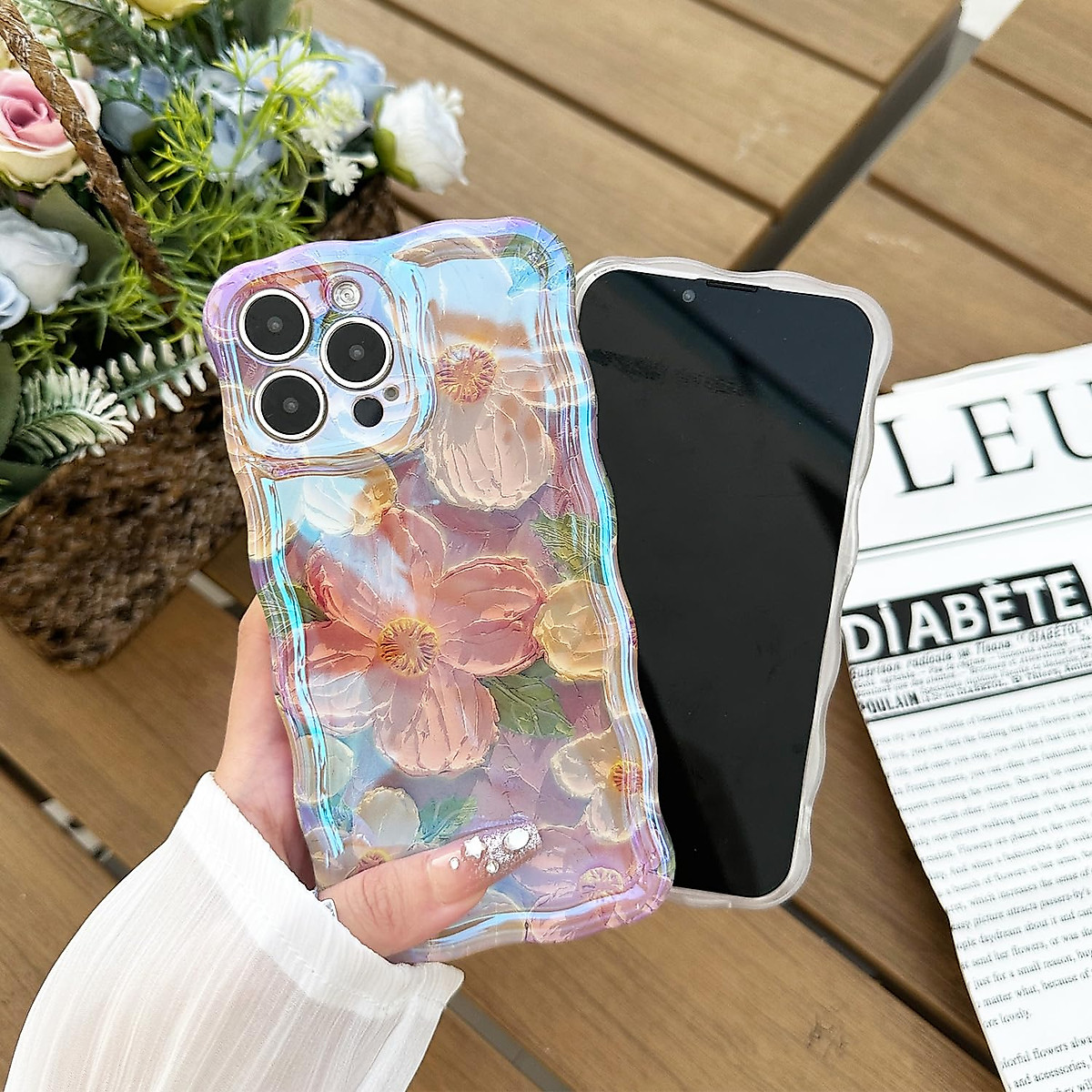 Sayoaho Compatible with iPhone 13 Pro Max Case for Women, Cute Curly Wave Frame Shape, Colorful Retro Oil Painting Flower Laser Beam Glossy Pattern, Compatible with iPhone 13 Pro Max, Pink