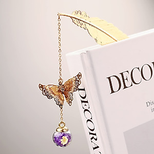 Toirxarn Metal Feather Leaf Bookmark Set Purple, Butterfly Pendant Gift for Women