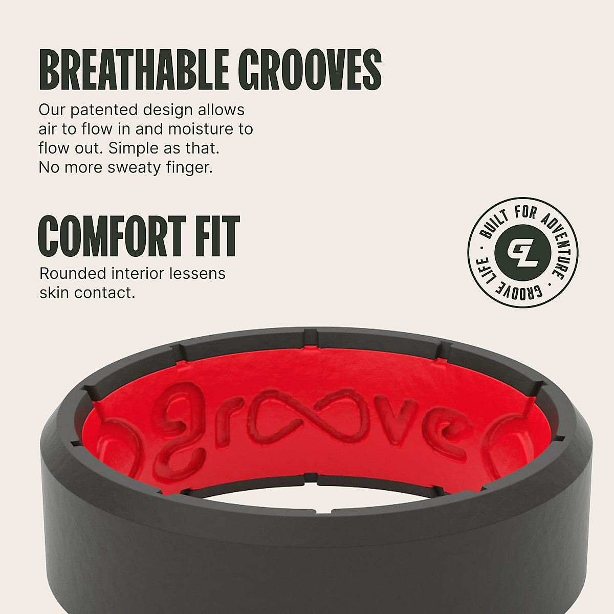 Groove Life Edge Black/Red Silicone Ring - Breathable Rubber Wedding Rings for Men, Lifetime Coverage, Unique Design, Comfort Fit Ring - Size 11