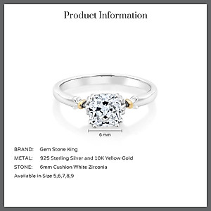Gem Stone King 925 Sterling Silver and 10K Yellow Gold 6MM Cushion Cut Gemstone Birthstone Engagement Ring | Wedding Anniversary Promise Ring For Women | Available In Size 5, 6, 7, 8, 9