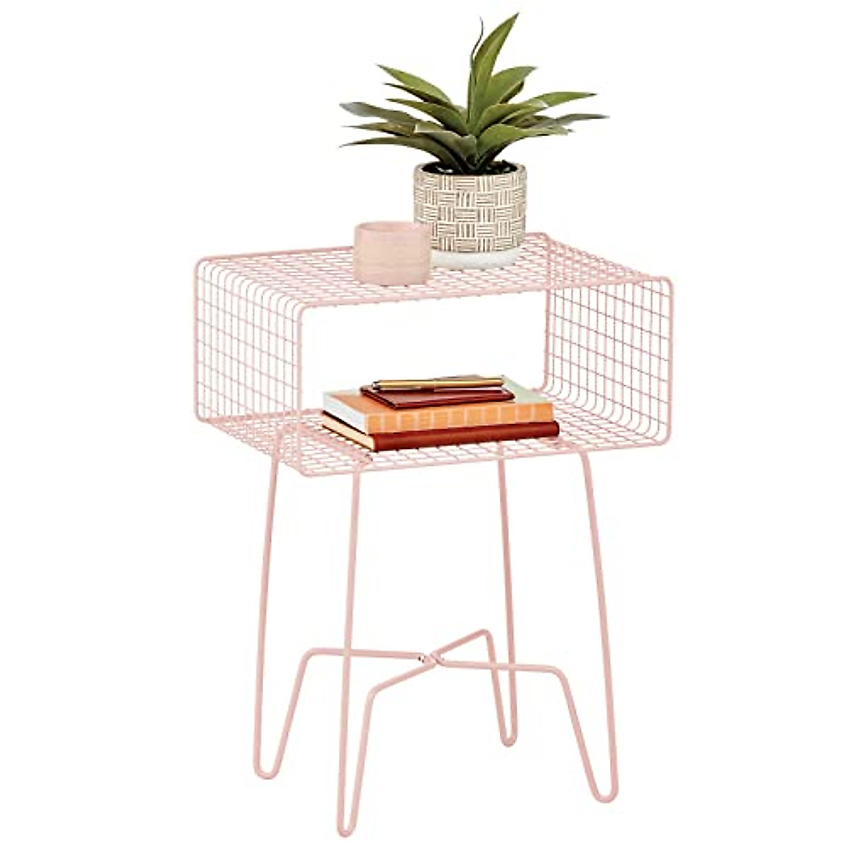 mDesign Modern Industrial Side Table with Storage Shelf, 2-Tier Metal Minimal End Table, Metallic Caged Grid - Accent Furniture for Living Room, Bedroom, Office, Dorm, Concerto Collection, Light Pink