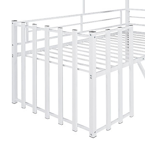 Harper & Bright Designs Metal House Loft Bed Twin, Kids Low Loft Bed with Roof & Window, Twin Size Loft Bed with Guardrail for Girls Boys, White+MDF