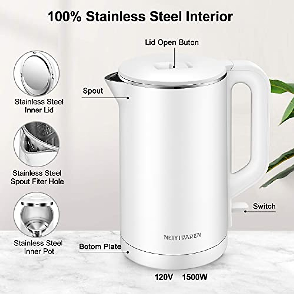 Electric Kettle, 1.7L 1500W Double Wall 100% Stainless Steel BPA-Free Cool Touch Tea Kettle Hot Water Boiler with Overheating Protection, Cordless with Auto Shut-Off and Boil-Dry