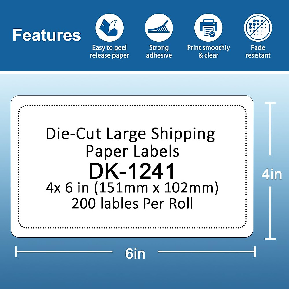 Label KINGDOM Replace for DK-1241 Die-Cut 4" x 6" Large Shipping Paper Label (102 mm x 151 mm) 200/ Roll DK Adress Labels for Brother QL-1100 (6 Roll + 1 Detachable Frame)
