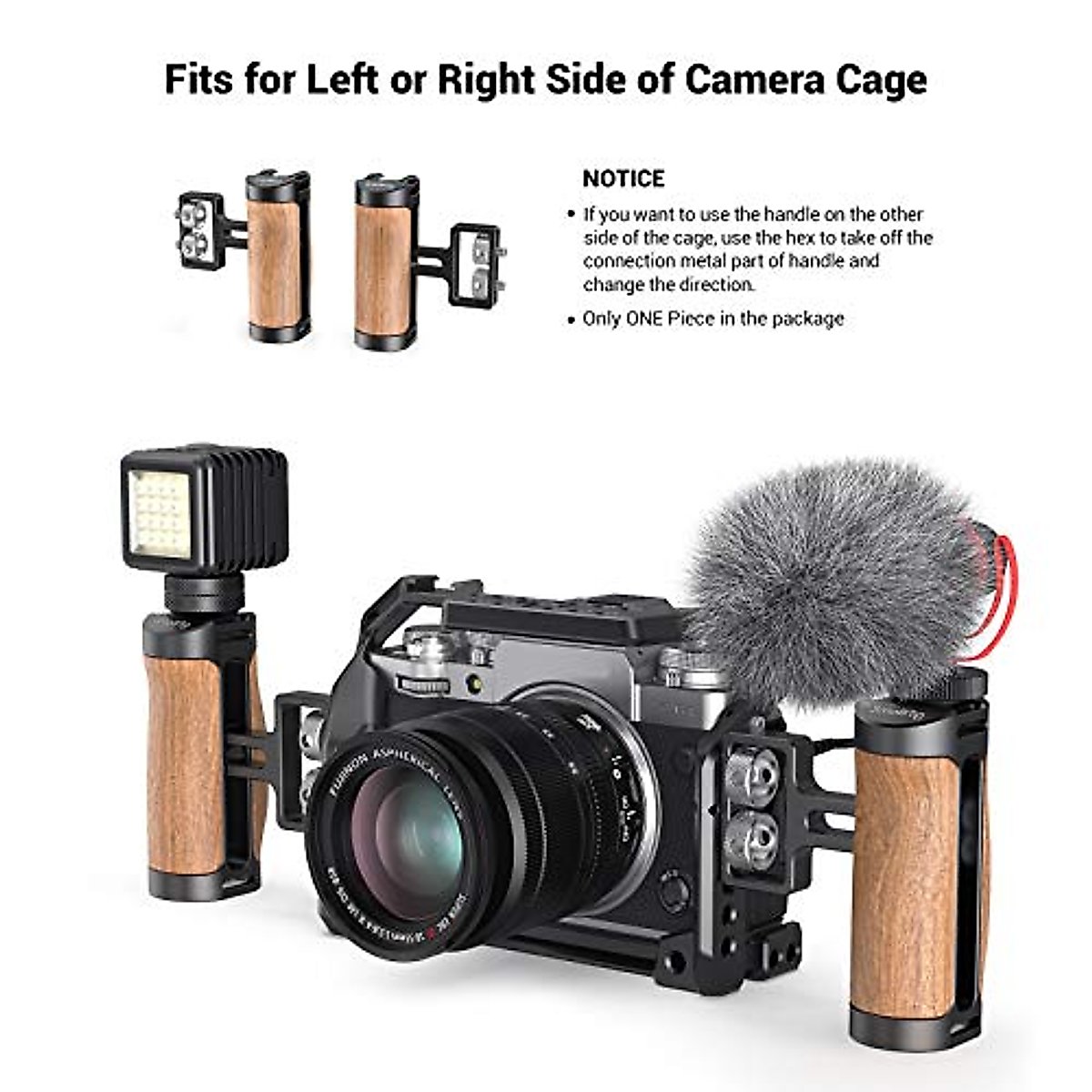 SMALLRIG Wooden Mini Handle Side Handgrip with 1/4"-20 Screws for Mirrorless Digital Camera DSLR Camera Small Camera Cage with Cold Shoe Mount Built-in Wrench, Up and Down Adjustable - 2913