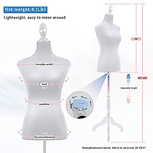 Dress Form Mannequin Torso with Wooden Tripod Stand, 50-63 inch, Adjustable Height for Clothing Display, Sewing, Photographing, Portable Female Body Shape,White