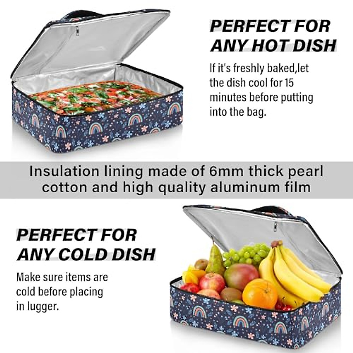 Kcldeci Insulated Thermal Food Carrier Insulated Casserole Carrier for Hot or Cold Food,Rainbows Leaves and Flowers Insulated Tote Bag for Potluck Cookouts Parties Picnic,Lasagna Lugger