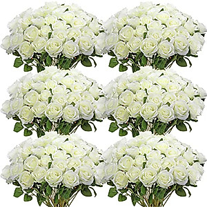 50 Pcs Artificial Rose Flower Realistic Silk Roses with Stem Bouquet of Flowers Plastic Flowers Real Looking Fake Roses for Home Wedding Centerpieces Party Decorations (White)