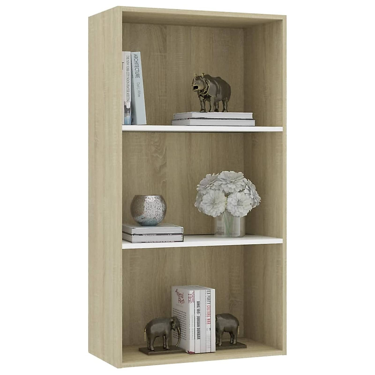 Camerina 3-Tier Book Cabinet 3 Tier Shelf Organizer Bedroom Storage and Organization Corner Book Shelf Office Open Bookshelf White and Sonoma Oak 23.6"x11.8"x44.9" Engineered Wood