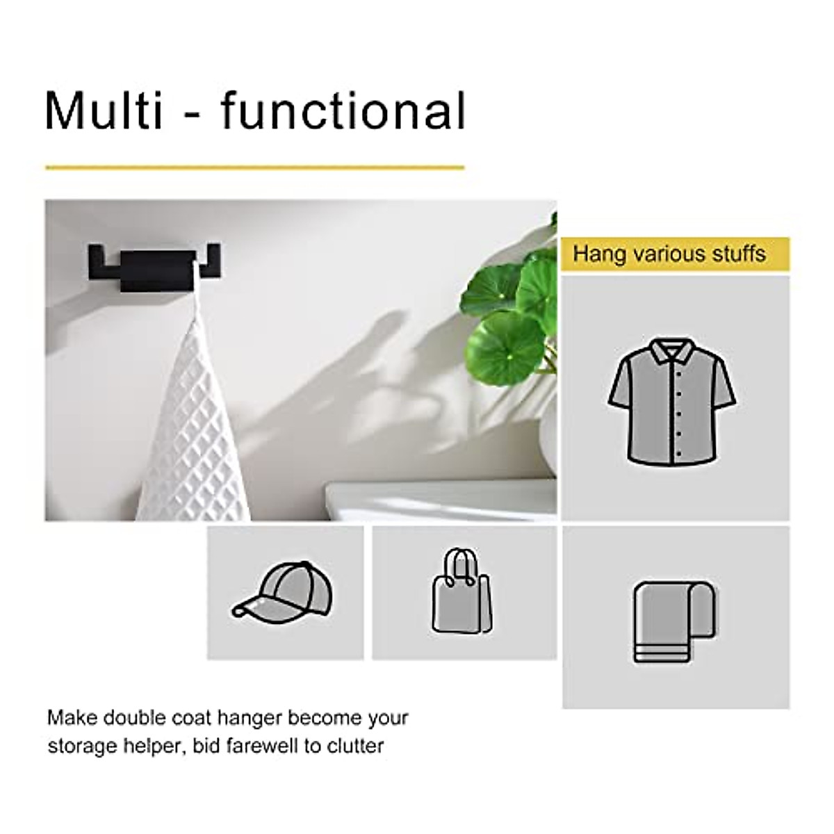 APLusee Double Robe Towel Hook, Stainless Steel Square Dual Coat Hook, Utility Bath Kitchen Storage Hanger Holder, Matte Black…