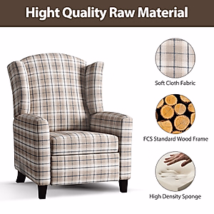 INZOY Push Back Recliner Chair, Pushback Reclining Chair with Padded Seat, Fabric Wingback Recliner for Living Room Home Theater, Plain Plaid