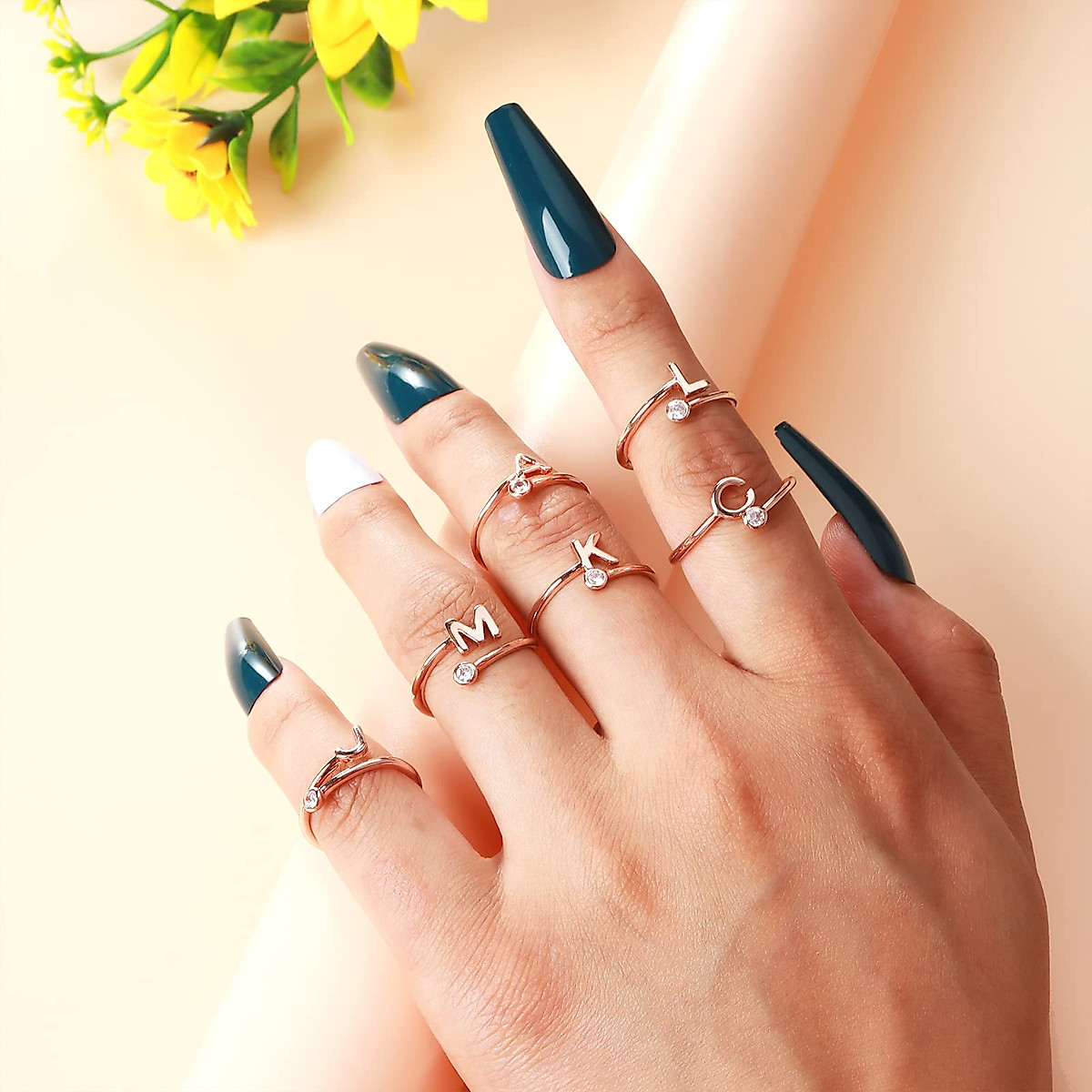 YANCHUN Rose Gold Initial Ring for Women Adjustable CZ Letter Knuckle Rings for Girls(B)