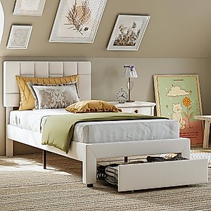 LIKIMIO Twin Bed Frame with Under-Bed Drawer, Platform Upholstered Bed with Headboard, No Box Spring Needed/Noise-Free, Beige